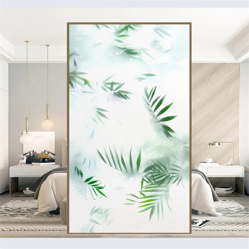 Custom Size Frosted Foggy Green Leaves Window Film - Static Cling Glass ...