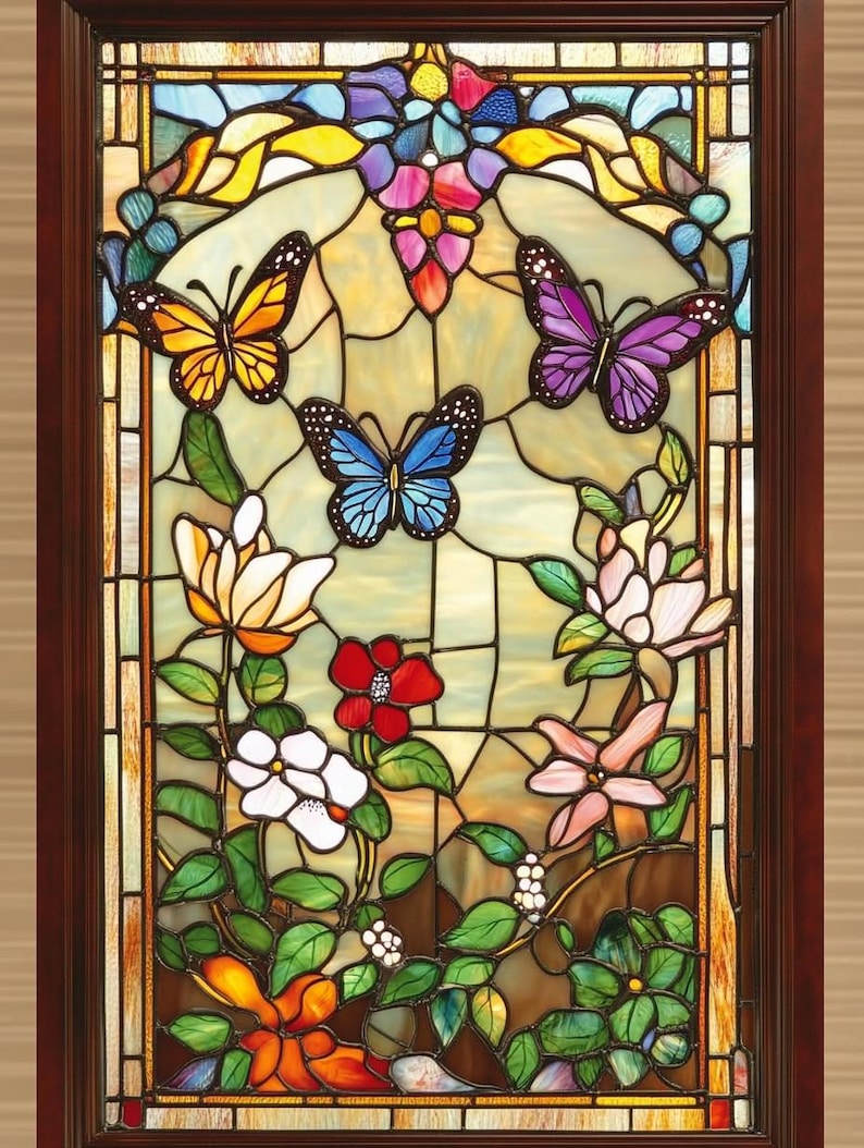 Custom Size Elegant Butterfly and Floral Stained Glass Window Film Non ...