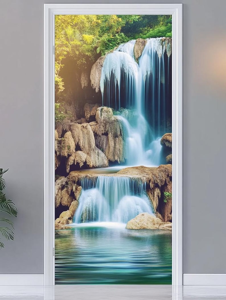 Custom Size Waterfall Scene Waterproof Door Sticker Self-adhesive ...