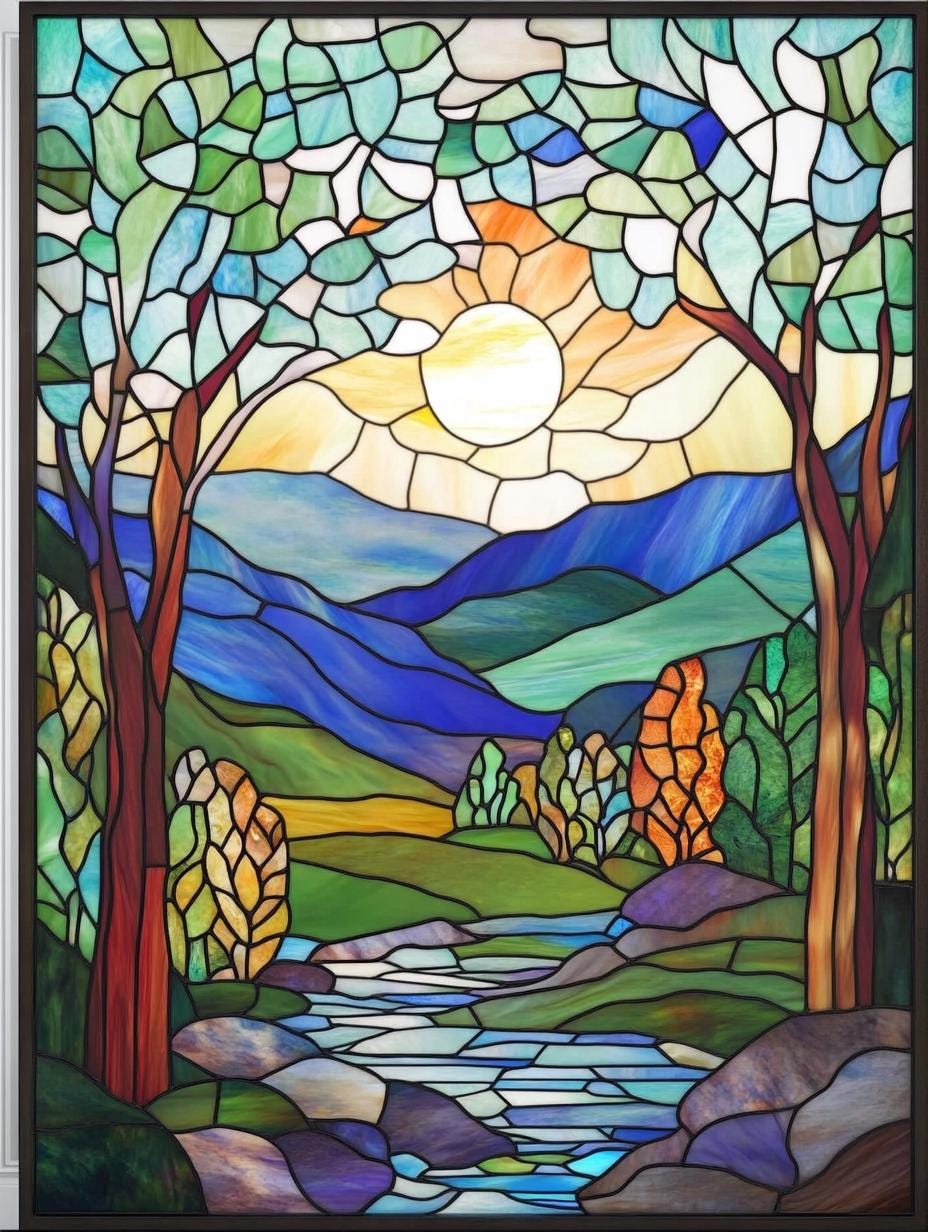 Custom Size Scenic Mountain River Window Film Nature-inspired Stained ...