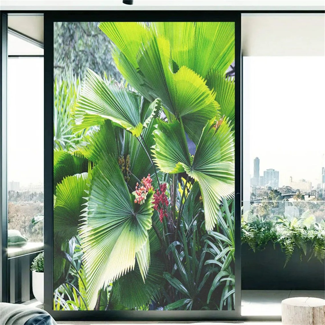 Custom Size Tropical Greenery PVC Privacy Film Electrostatic Non-glue ...