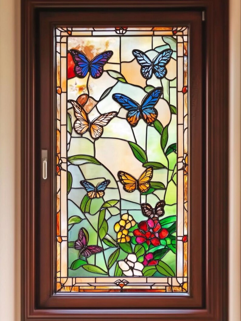 Custom Size Elegant Butterfly and Floral Stained Glass Window Film Non ...