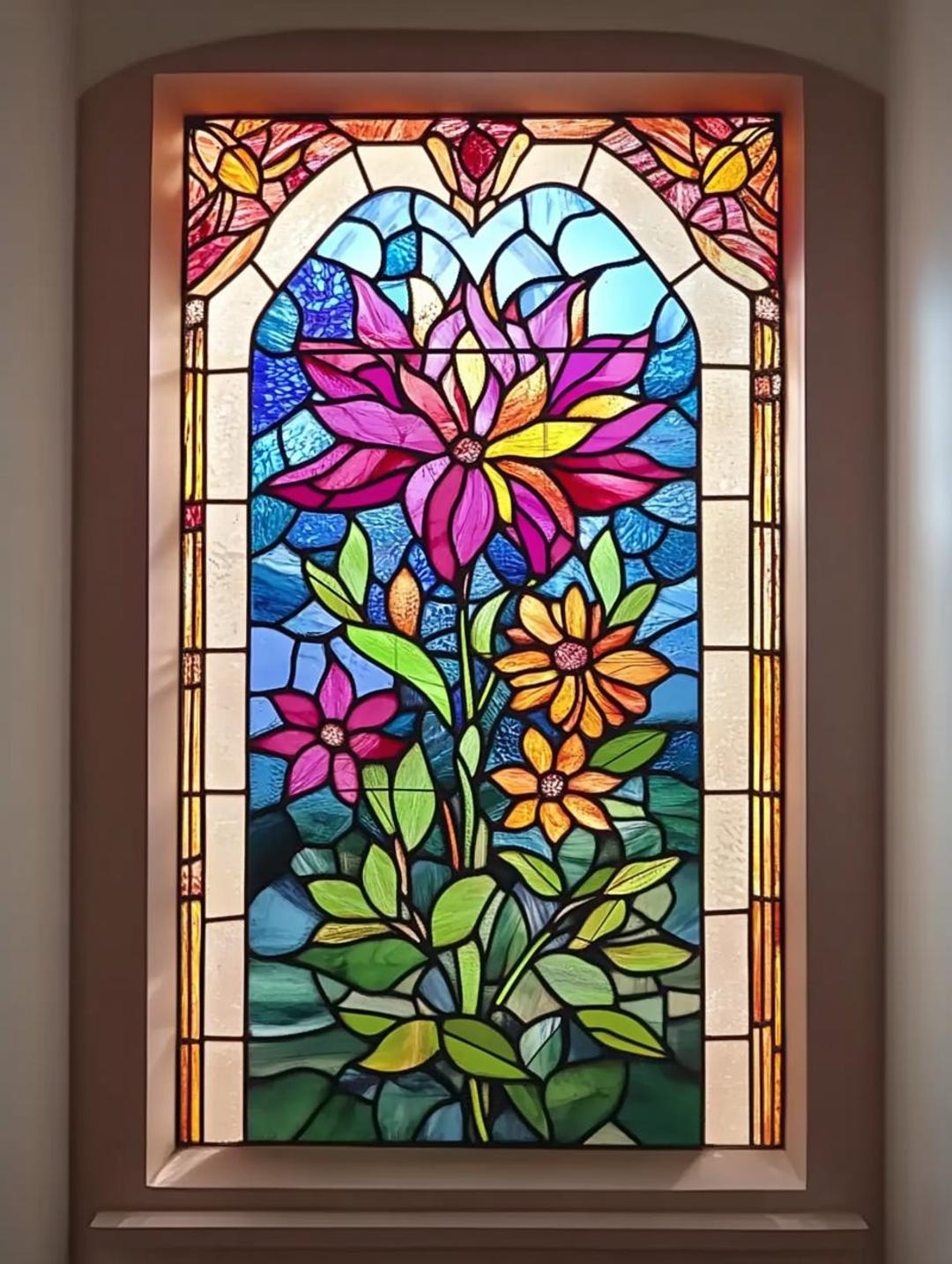 Custom Size Stained Glass Window Film Vibrant Floral Garden Design With ...