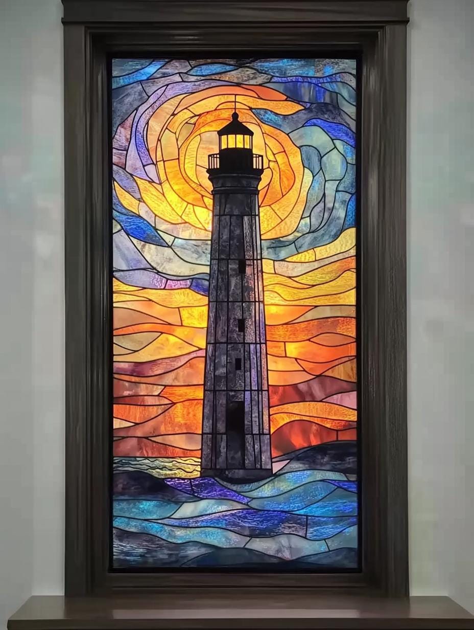 Custom Size Stained Glass Lighthouse Window Film Sunset Waves and ...