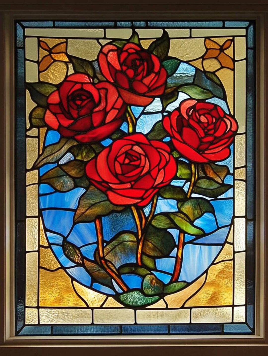 Custom Size Romantic Red Rose Window Film Non-adhesive Stained Glass ...