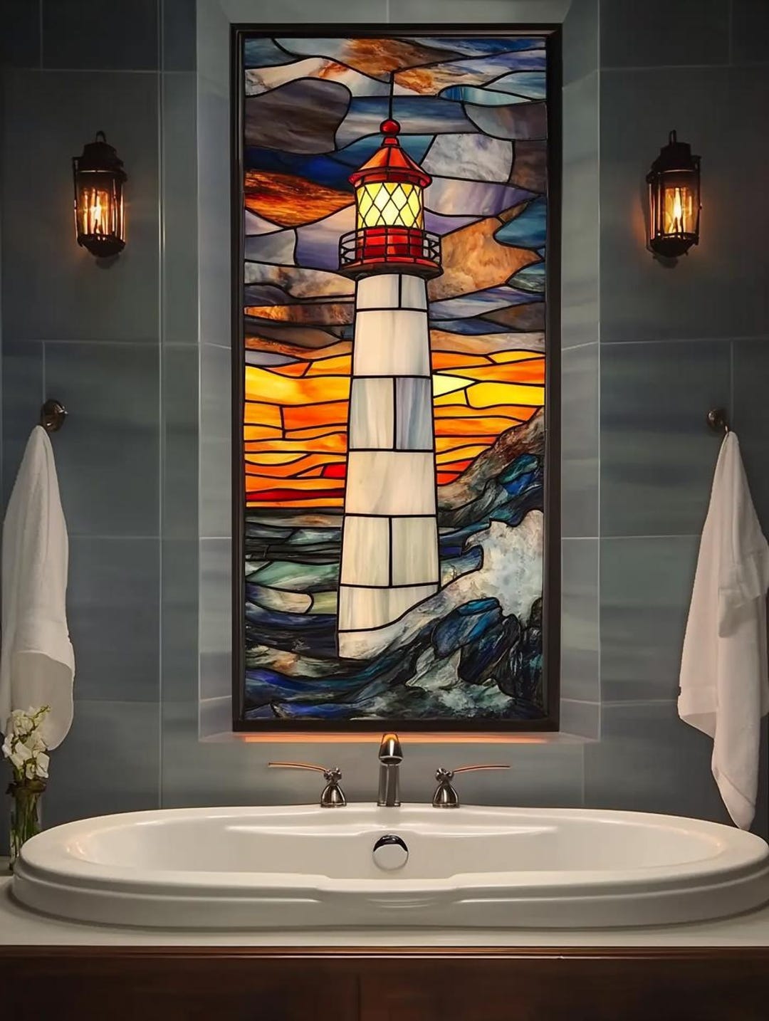 Custom Size Stained Glass Lighthouse Window Film Coastal Theme With Red ...
