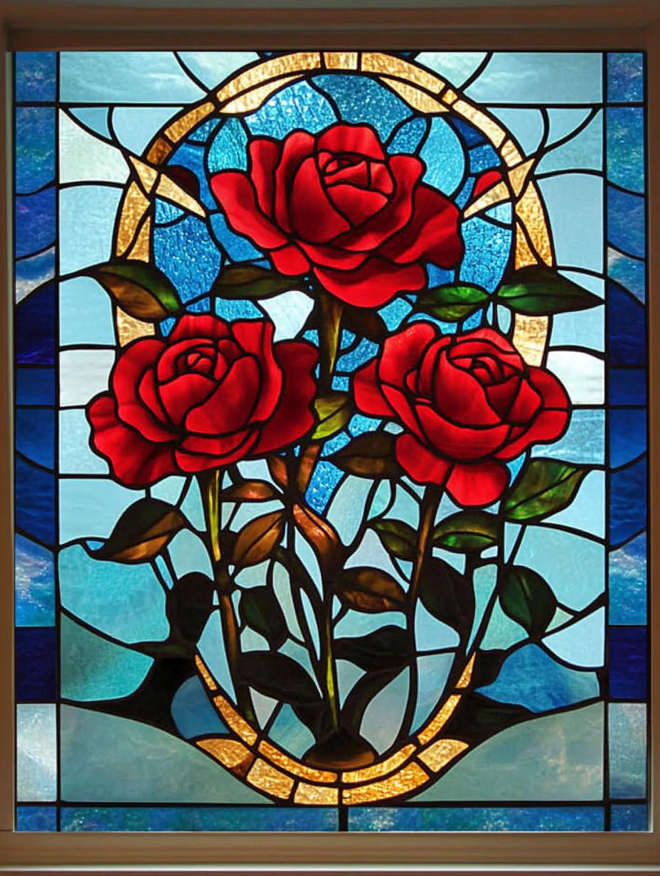 Custom Size Romantic Red Rose Window Film Non-adhesive Stained Glass ...
