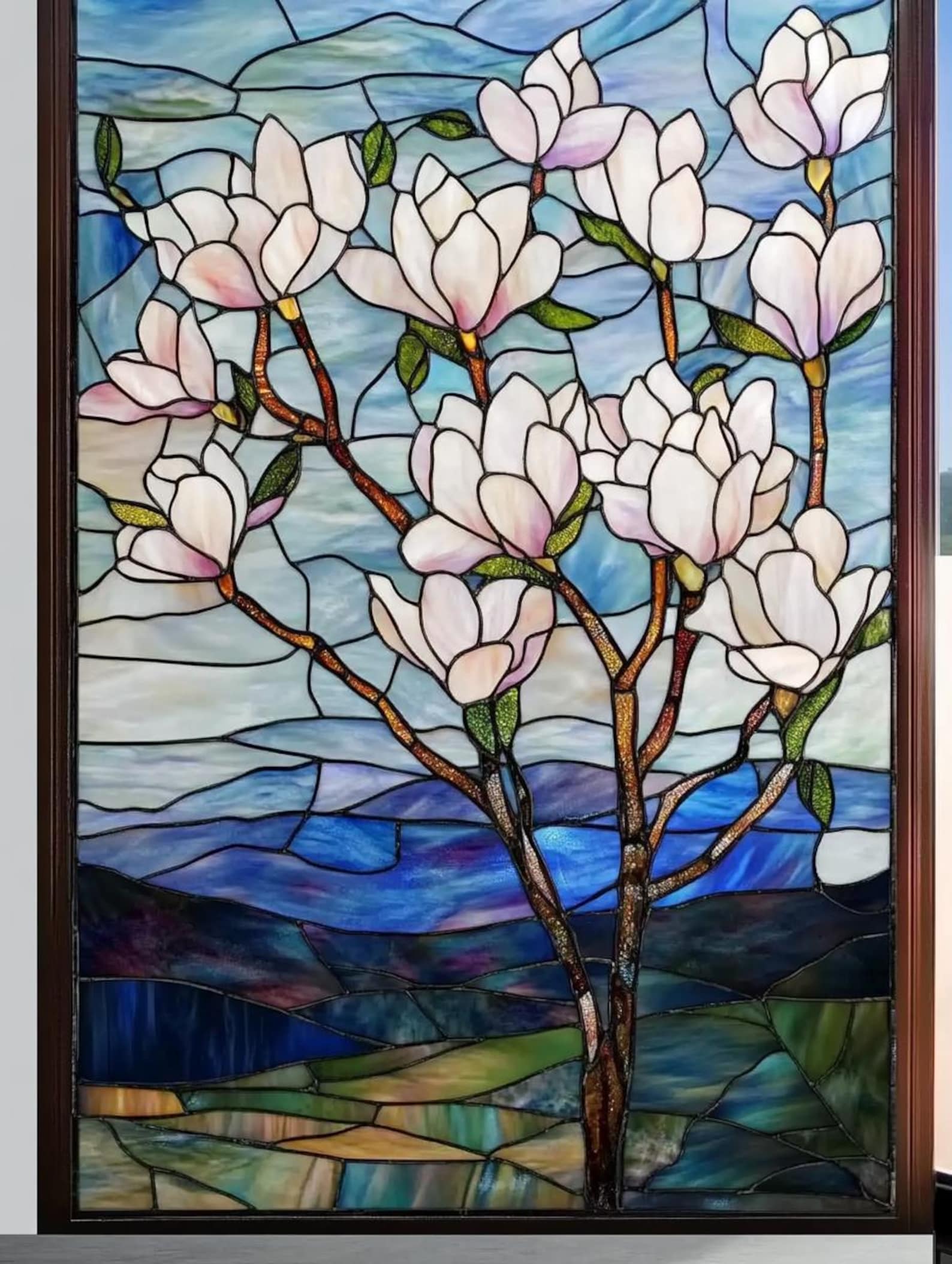 Custom Size Beautiful Magnolia Tree Window Film Non-adhesive Stained ...