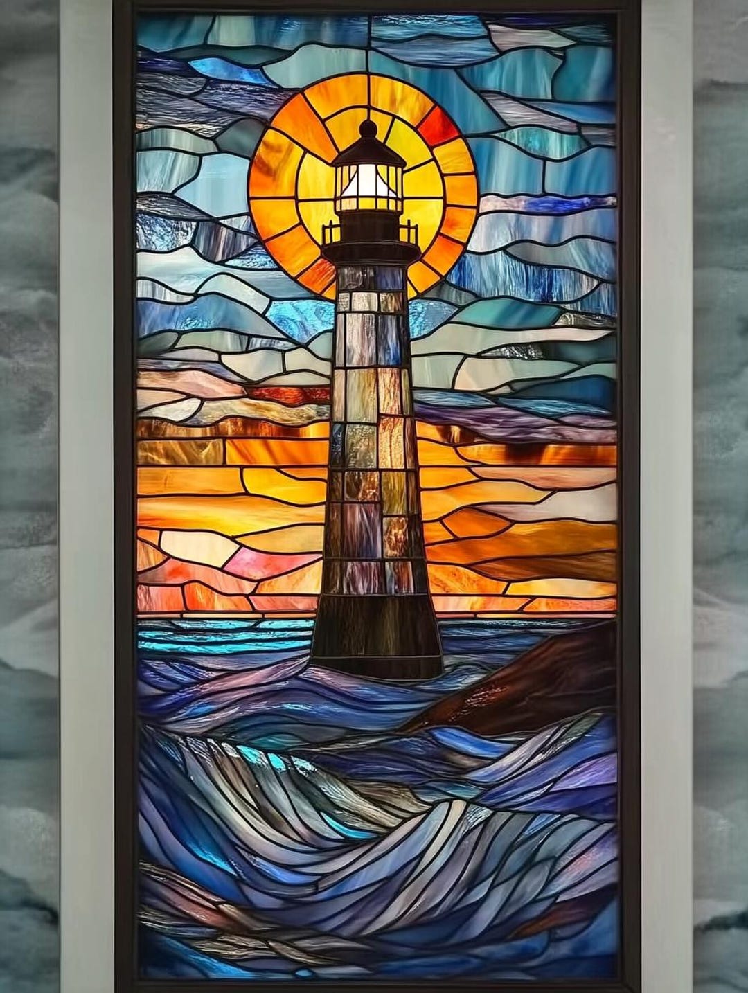 Custom Size Lighthouse and Ocean Sunset Window Film Beautiful Stained ...