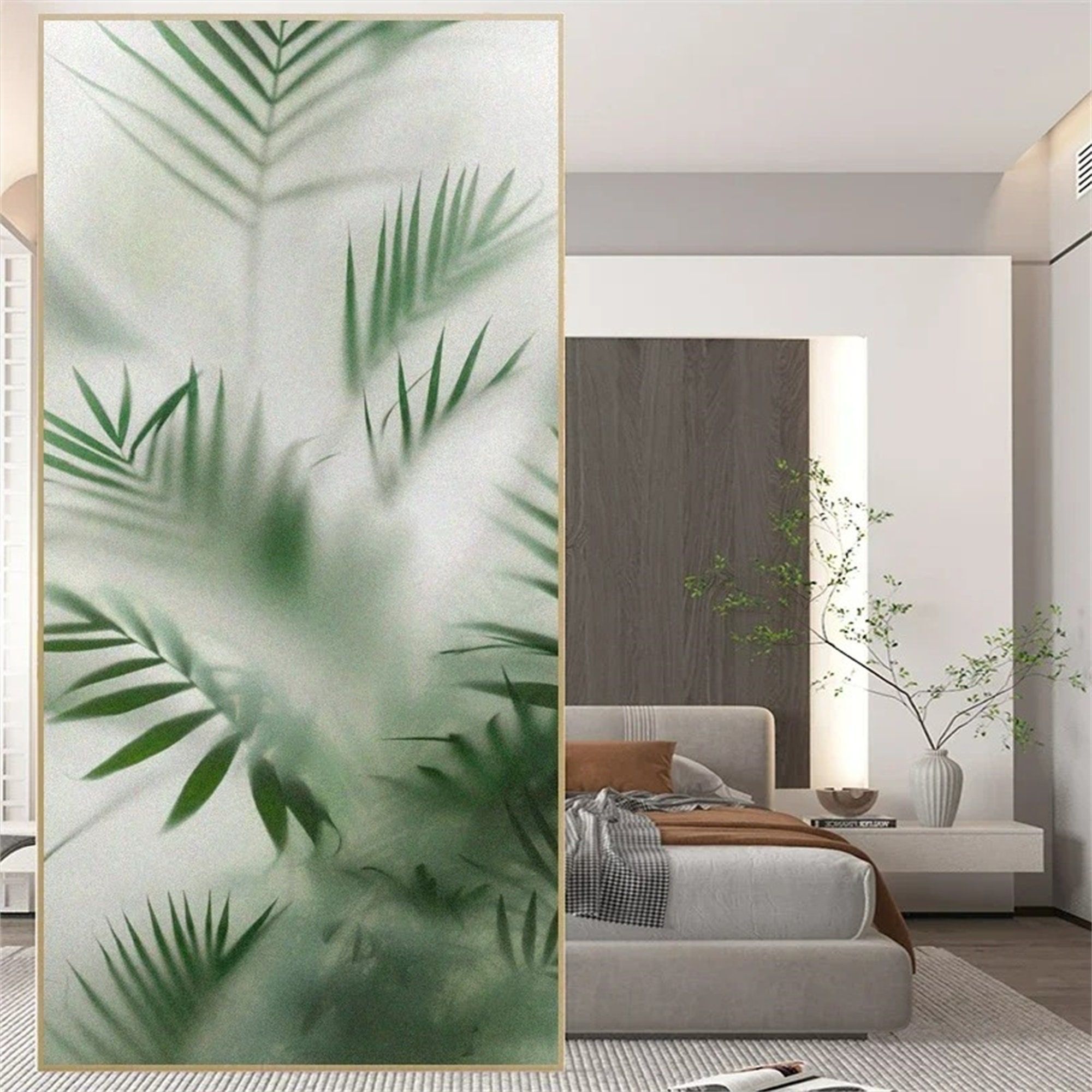 Custom Size Frosted Foggy Green Leaves Window Film - Static Cling Glass ...