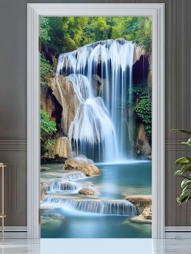 Custom Size Waterfall Scene Waterproof Door Sticker Self-adhesive ...