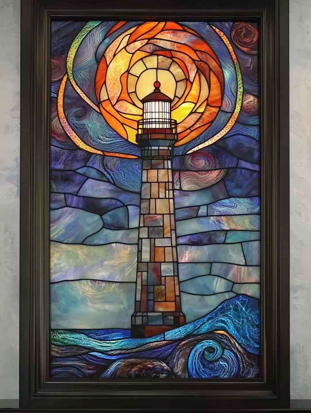 Custom Size Stained Glass Lighthouse Window Film Sunset Waves and ...
