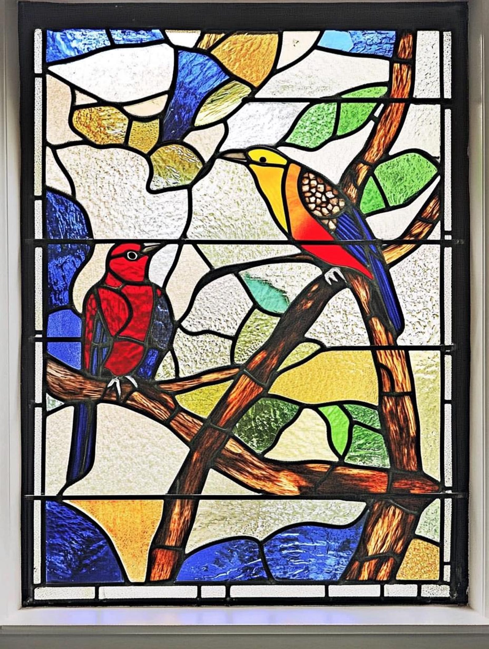Custom Size Stained Glass Window Panel Vibrant Birds on Branches Design ...