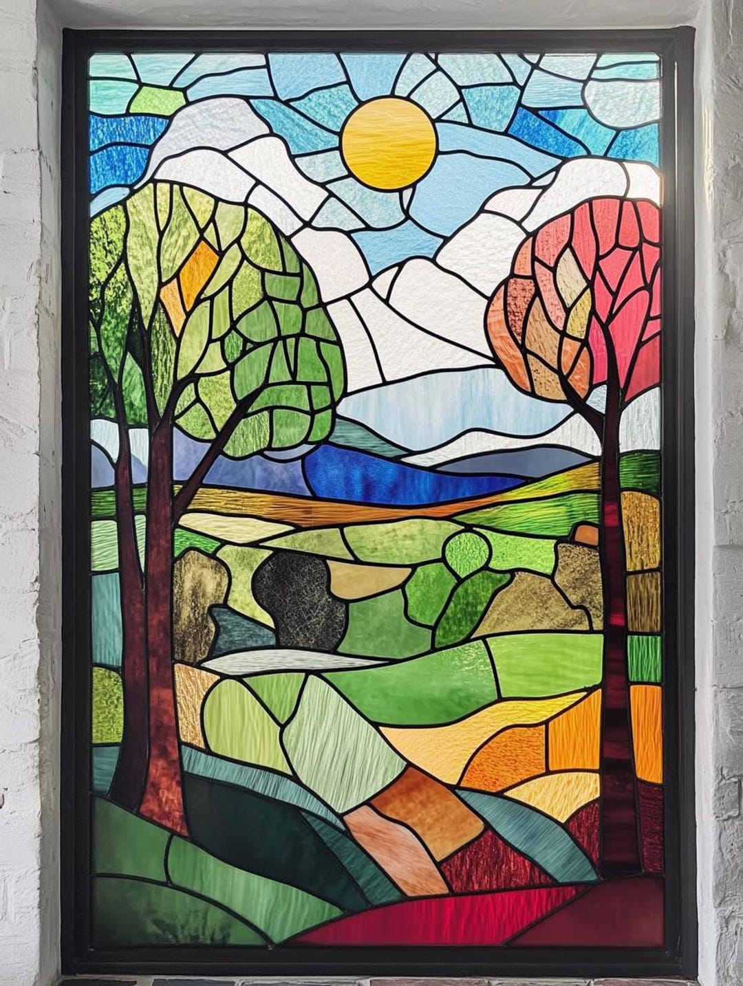 Custom Size Nature-inspired Stained Glass Window Film Rolling Hills Sun ...