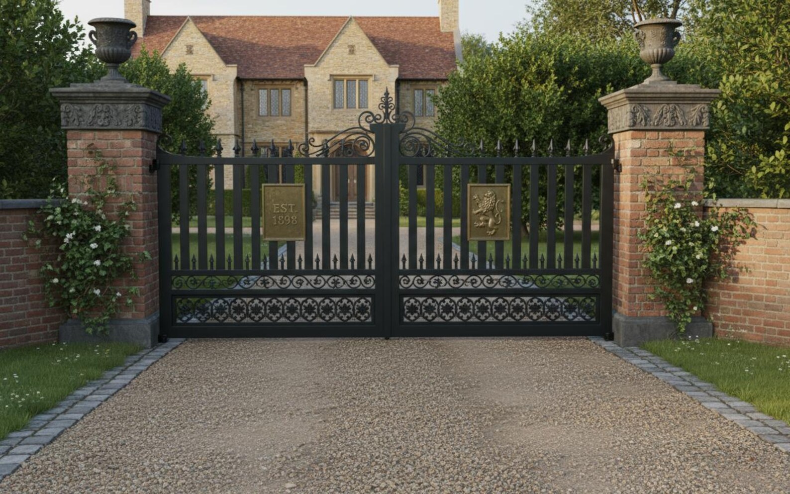 Regal Thorn Crest – Scrollwork Wrought Iron Gate With Urn-topped Brick ...