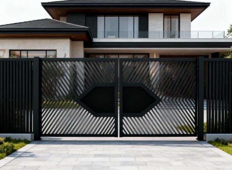 Modern V-stripe Hexagonal Pattern Driveway Gate | Classic Sturdy Metal ...