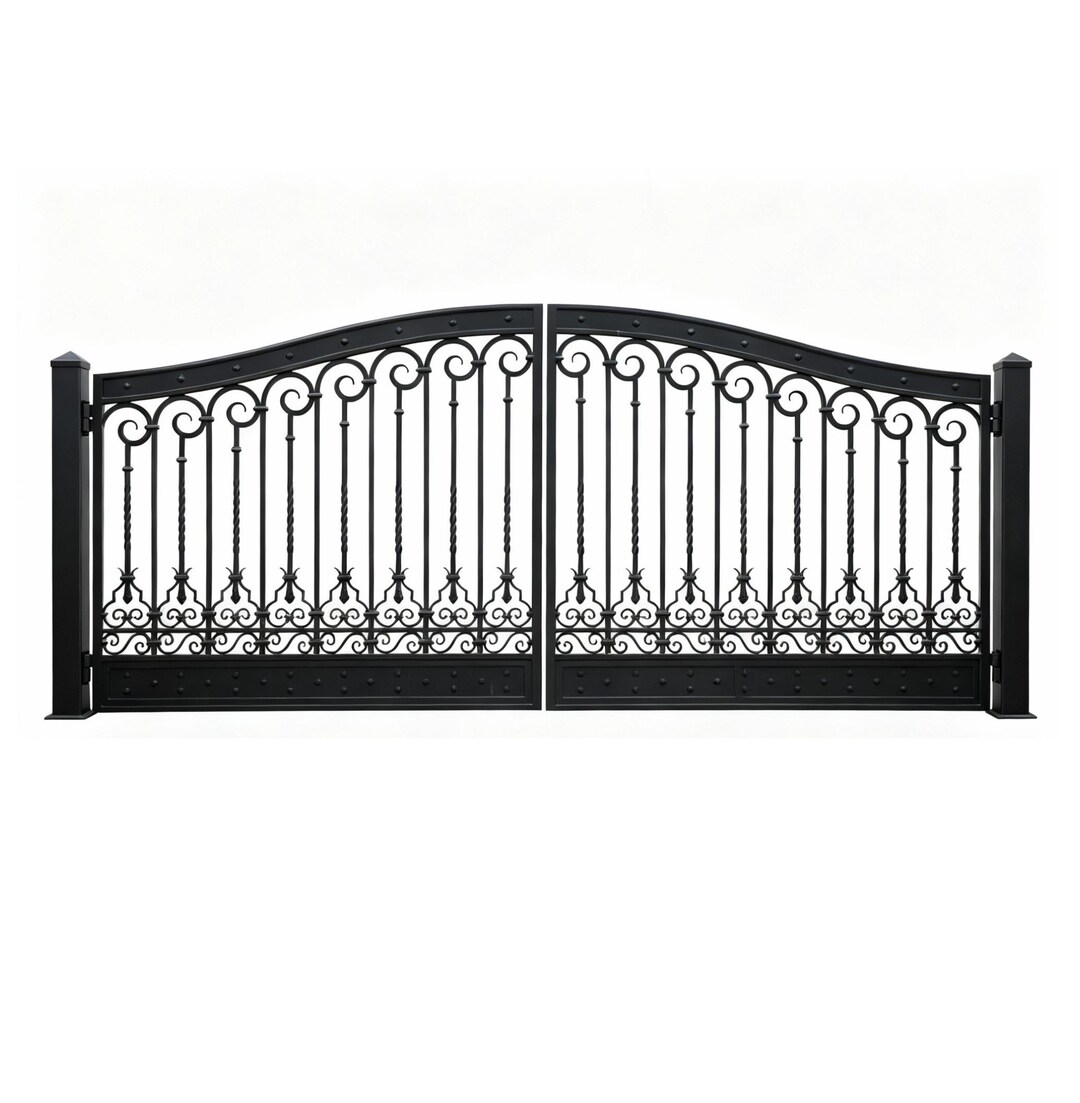 Rivet Bloom Crest – Wrought Iron Gate With Floral Scrollwork & Arched ...