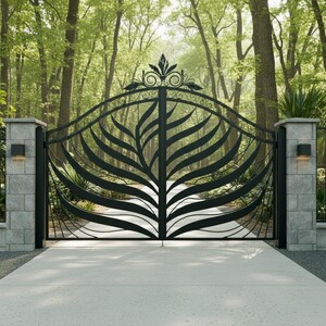 Verdant Crest – Leaf Motif Wrought Iron Gate With Stone Pillars Model ...