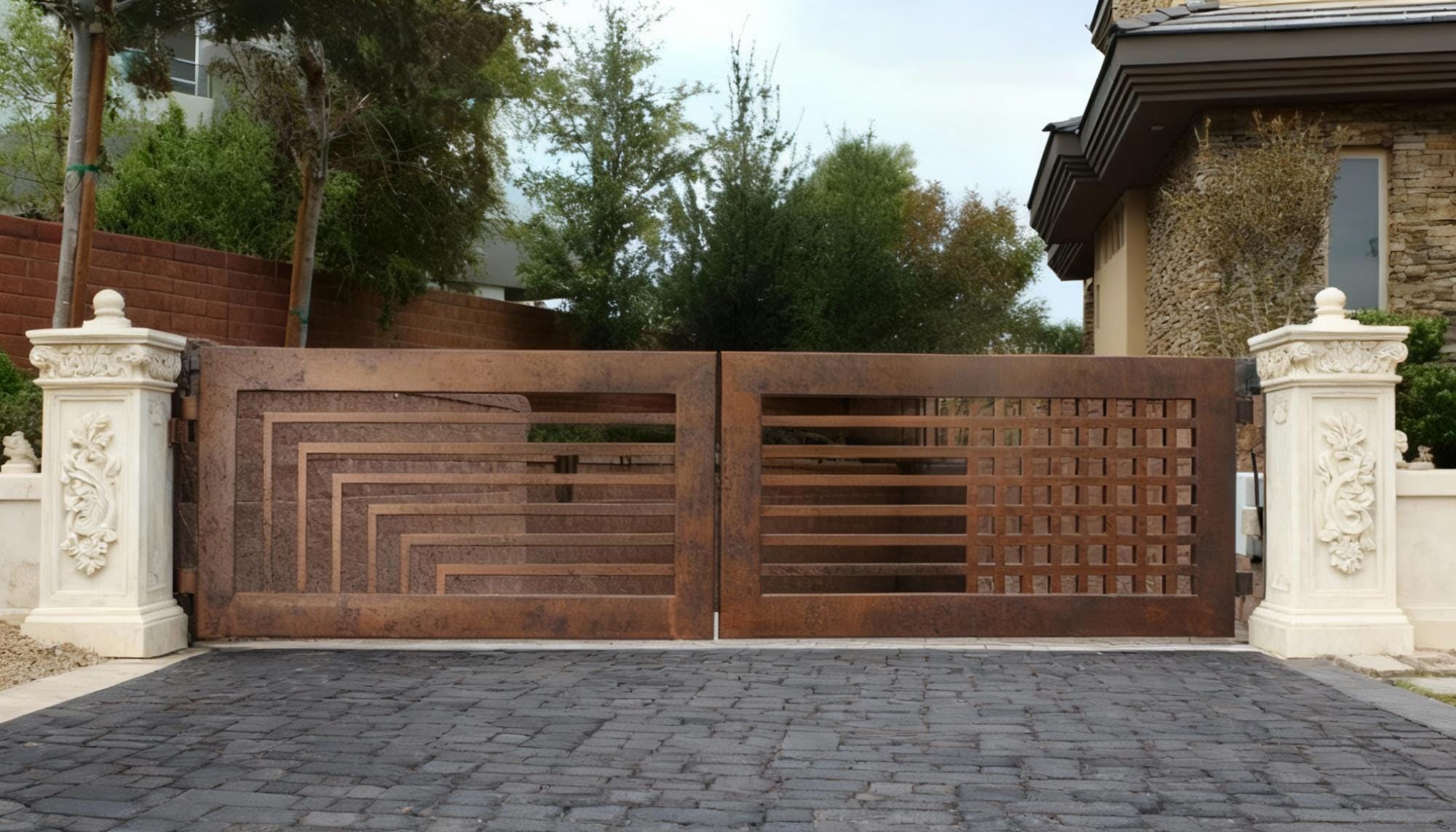 Dual Form Axis – Split-pattern Geometric & Grid Steel Driveway Gate ...