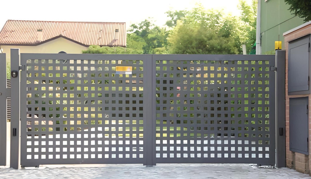 Modern Square Mesh Driveway Gate | Dual Swing Heavy Duty Metal Entry ...