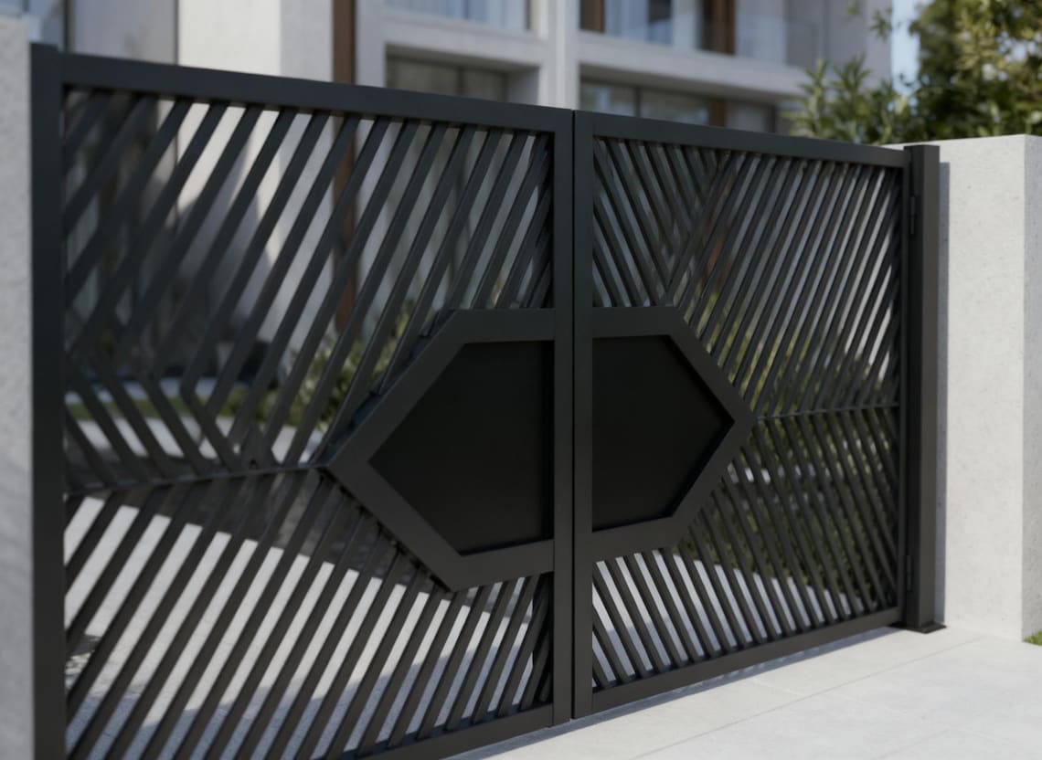 Modern V-stripe Hexagonal Pattern Driveway Gate | Classic Sturdy Metal ...