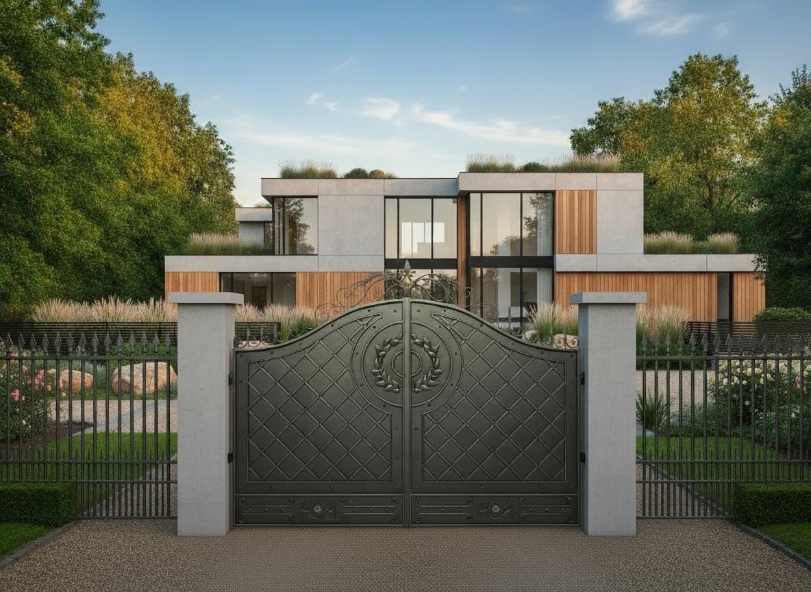 Laurel Crest Royale – Scrollwork & Wreath Motif Wrought Iron Driveway ...
