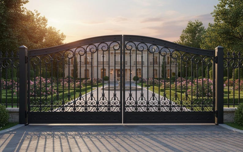 Rivet Bloom Crest – Wrought Iron Gate With Floral Scrollwork & Arched ...