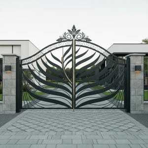 Verdant Crest – Leaf Motif Wrought Iron Gate With Stone Pillars Model ...