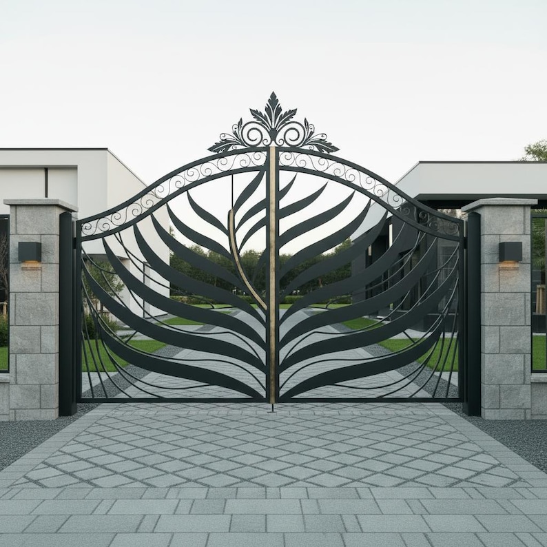 Verdant Crest – Leaf Motif Wrought Iron Gate With Stone Pillars Model ...
