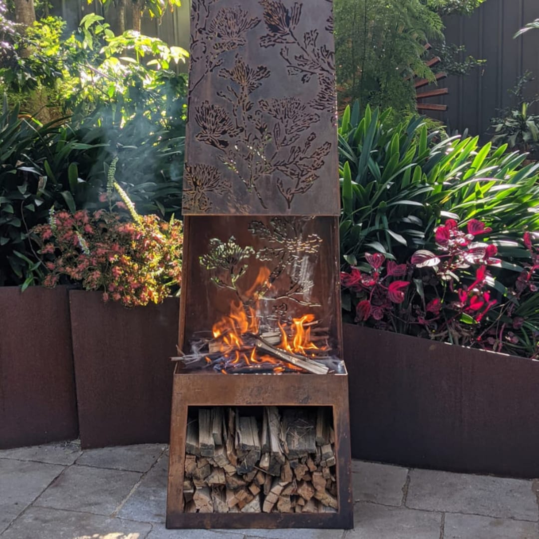 Fire Pit With Wood Storage | Wood Burning Outdoor Firepit | Custom ...