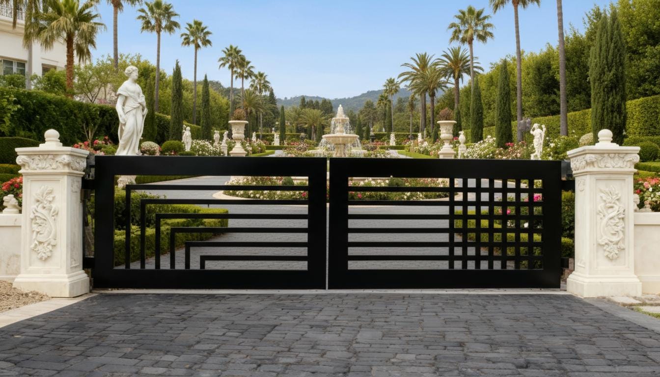 Dual Form Axis – Split-pattern Geometric & Grid Steel Driveway Gate ...