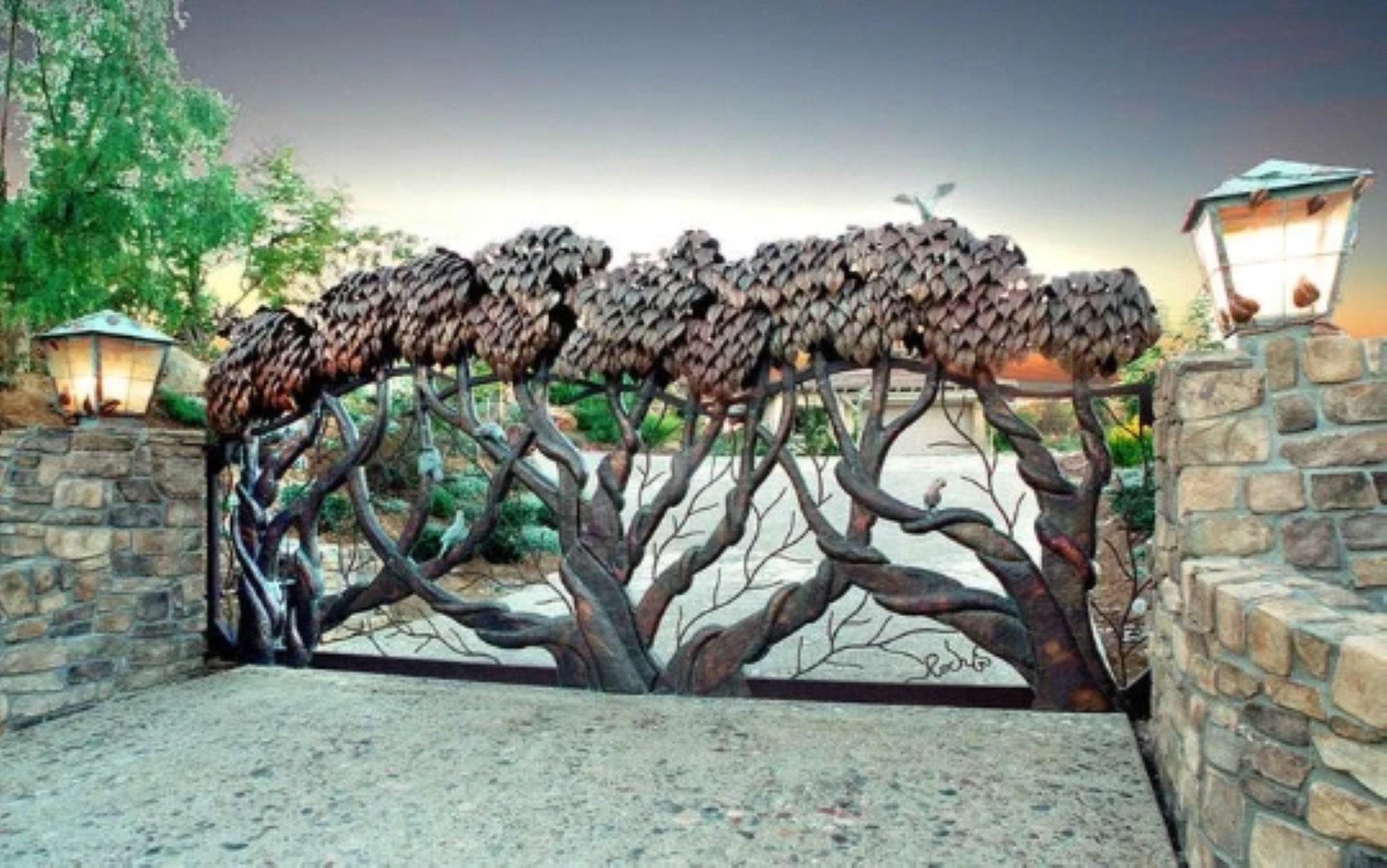 Stylish Jungle Tree Design Entrance Gate Dual Swing Heavy Duty Driveway ...