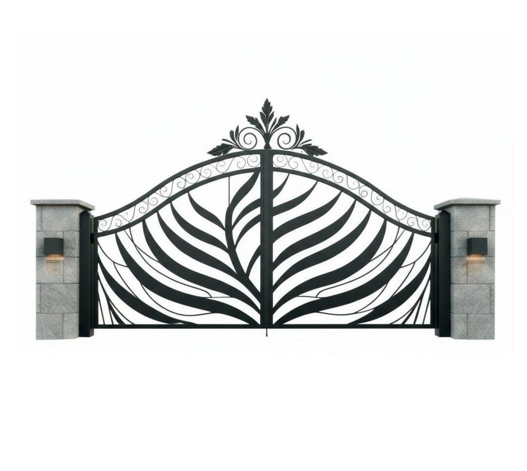 Verdant Crest – Leaf Motif Wrought Iron Gate With Stone Pillars Model ...