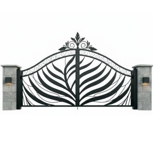 Verdant Crest – Leaf Motif Wrought Iron Gate With Stone Pillars Model ...