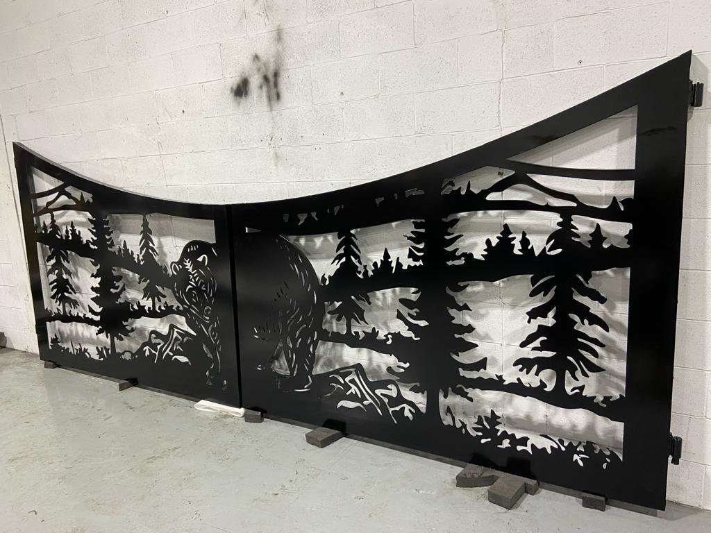 Laser Cut Forest Design Entry Gates Custom Bear Print Metal Driveway ...