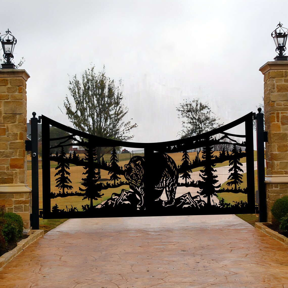 Laser Cut Forest Design Entry Gates Custom Bear Print Metal Driveway ...