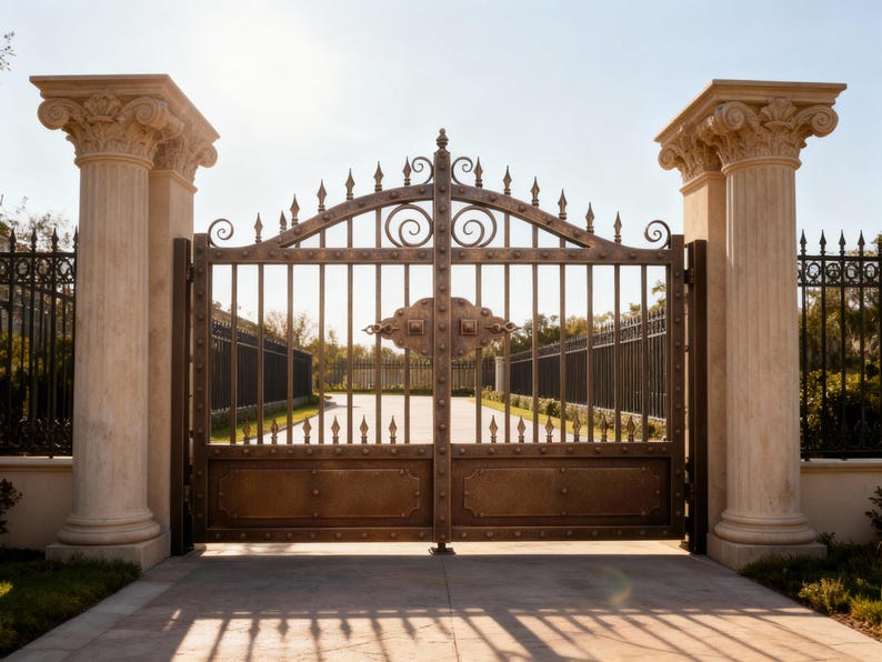 Iron Crest Bastion – Wrought Iron Gate With Scrollwork, Finials ...
