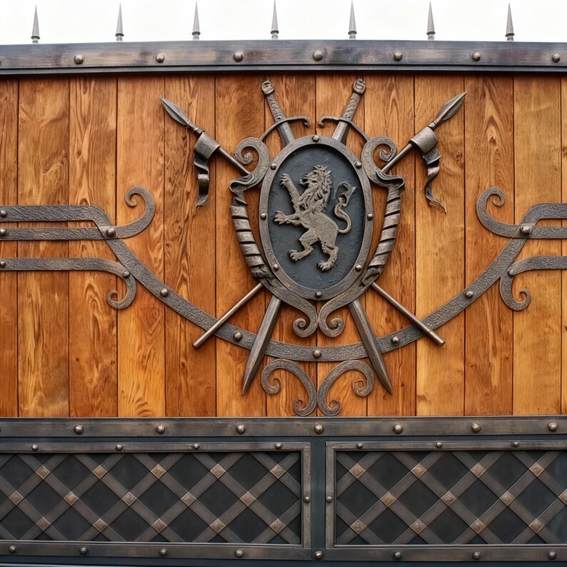 Shield Spire Ornamental Driveway Gate With Medieval Crest Work, Riveted ...