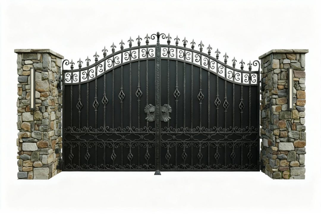 Scroll Crest Bloom – Floral Scroll Wrought Iron Gate With Rustic ...