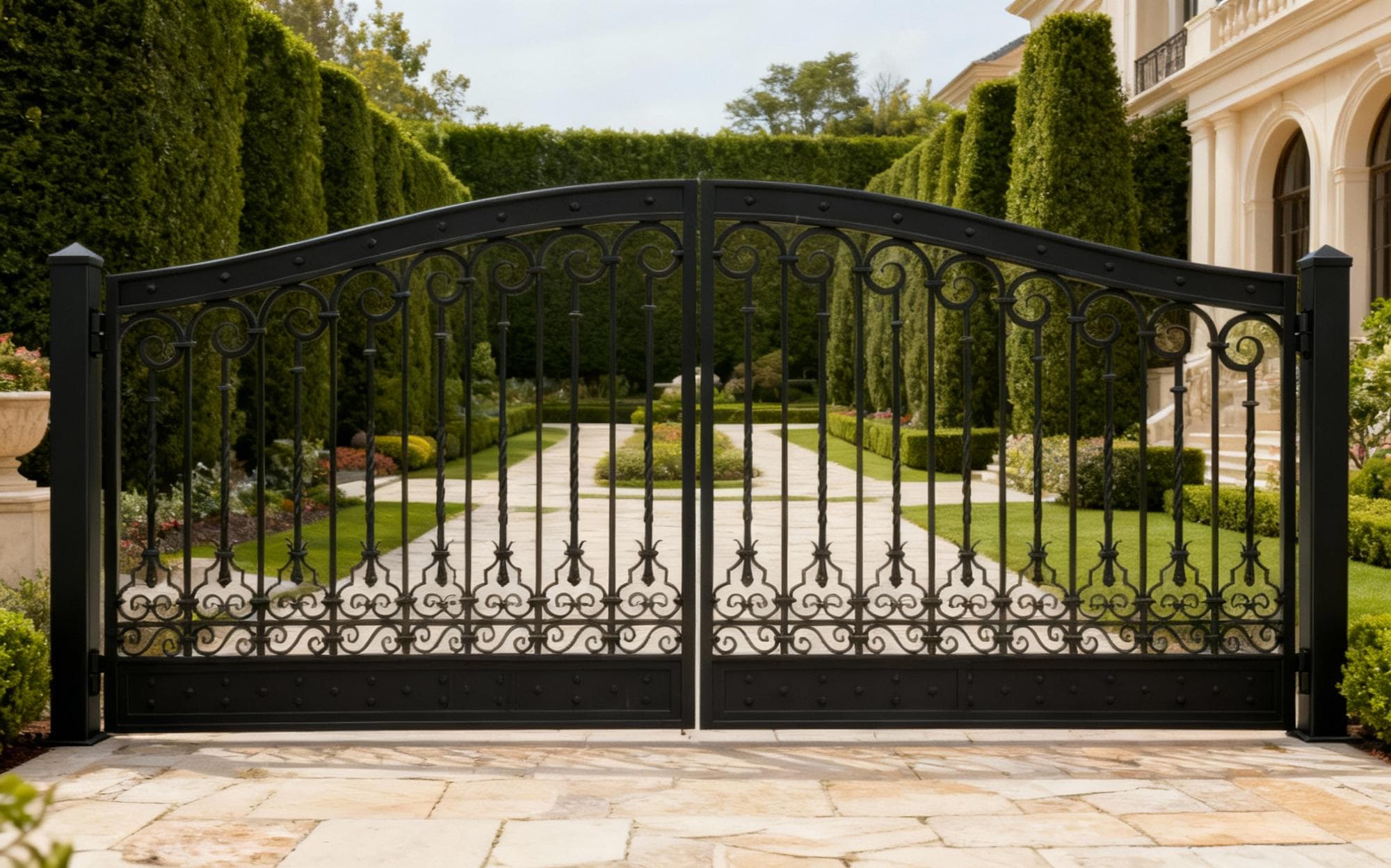 Rivet Bloom Crest – Wrought Iron Gate With Floral Scrollwork & Arched ...