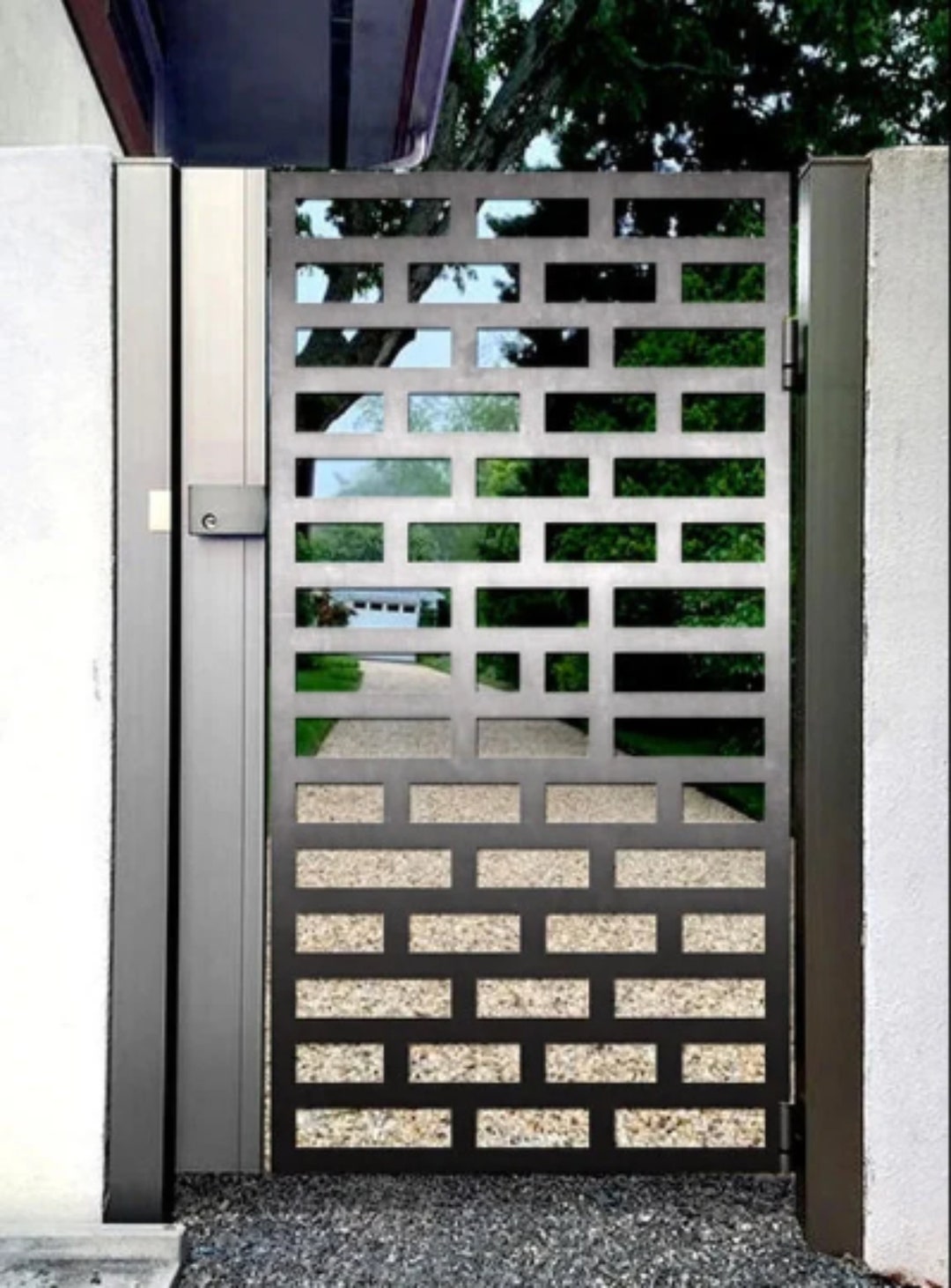Beautiful Laser Cut Artistic Bricks Design Metal Back Yard Gate Modern