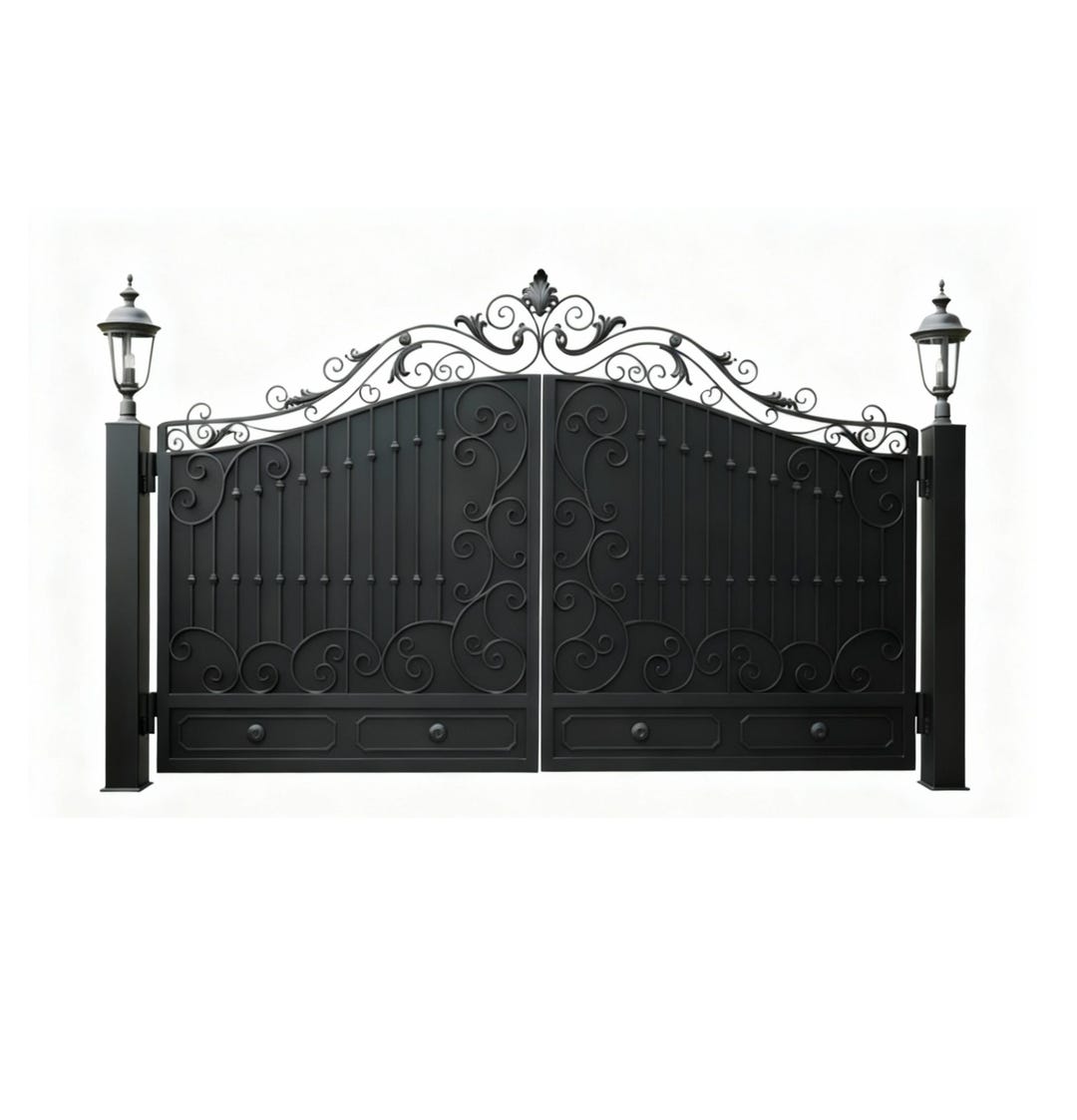 Vinecrest Elan – Scroll & Floral Wrought Iron Gate With Lantern Pillars ...