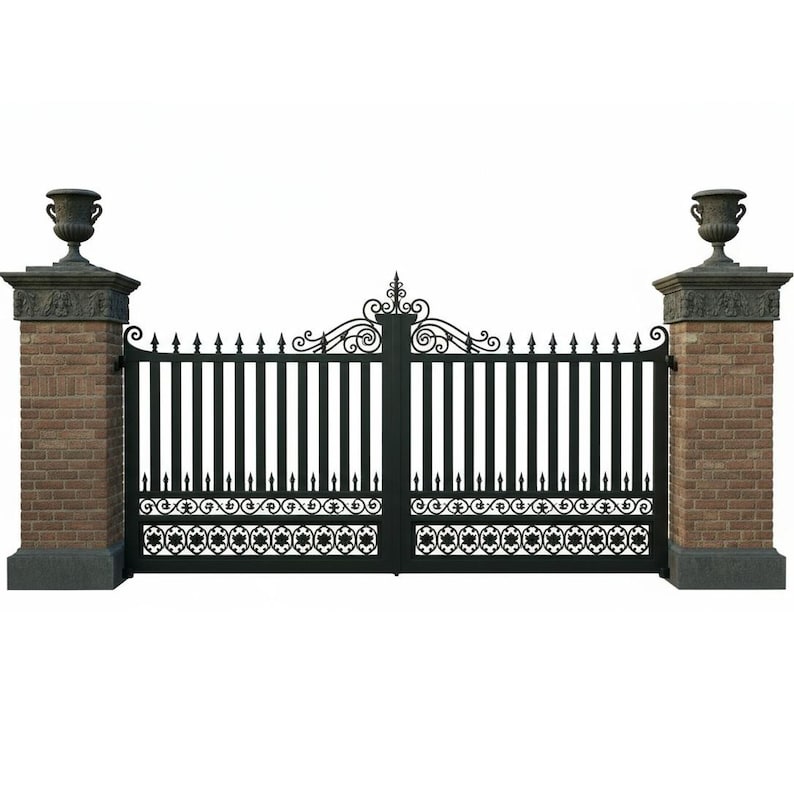Regal Thorn Crest – Scrollwork Wrought Iron Gate With Urn-topped Brick ...