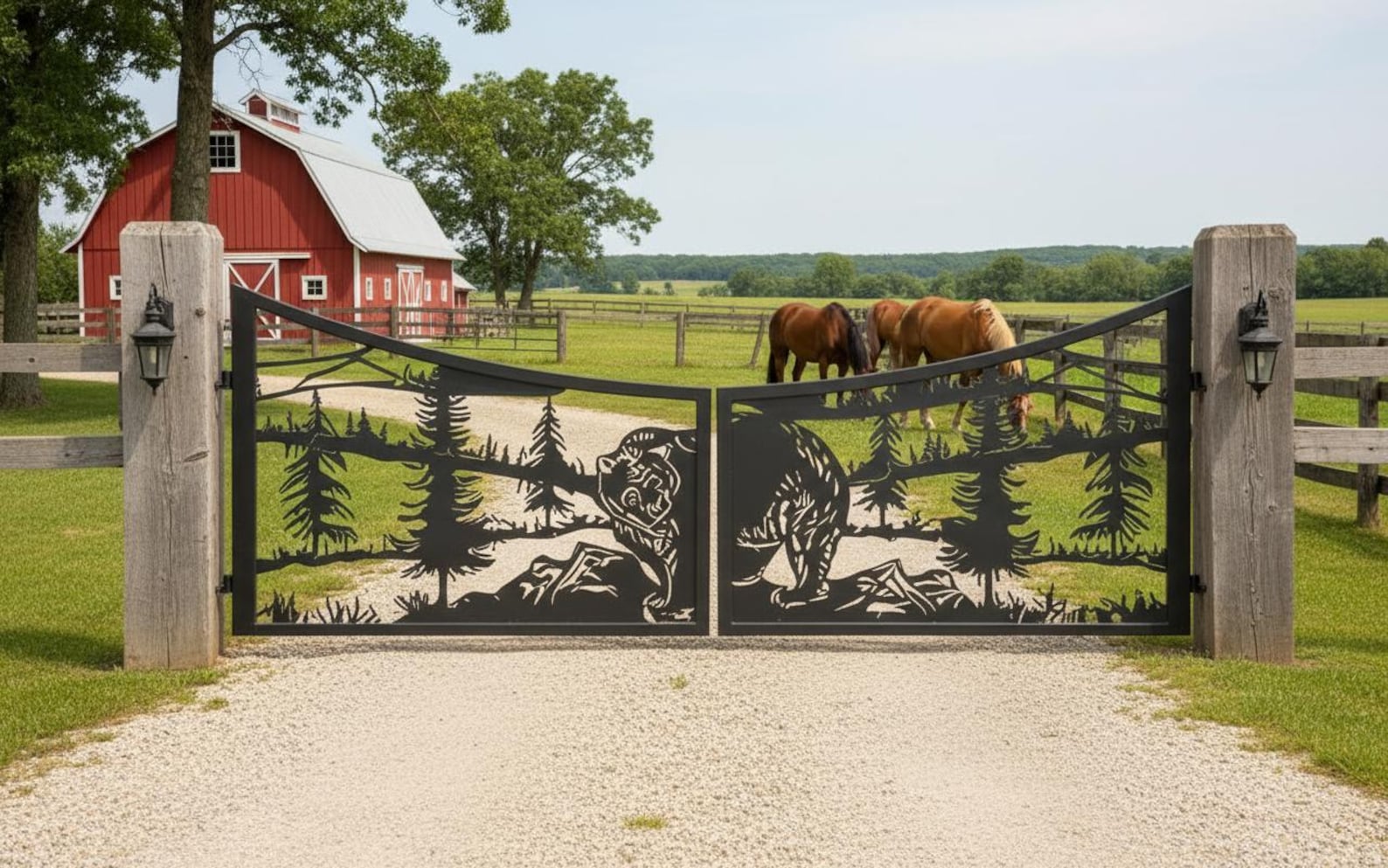 Timber Wild Crest – Moose & Bear Forest Silhouette Driveway Gate Model ...
