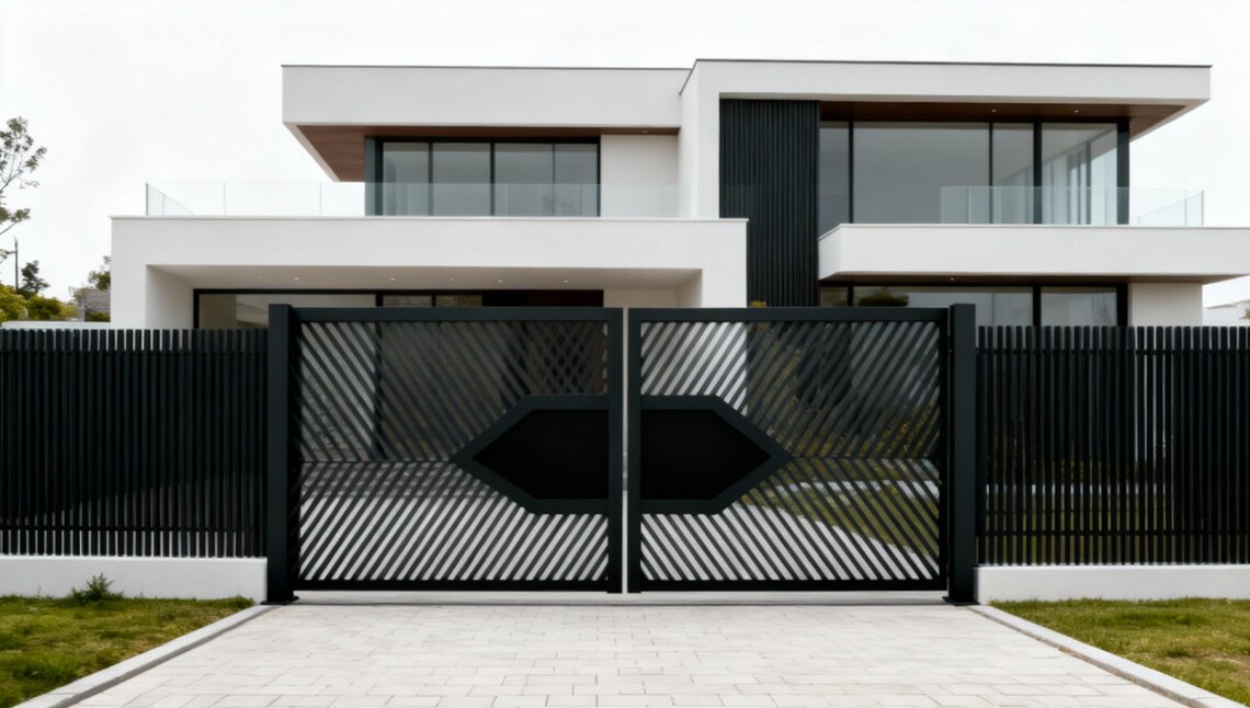 Modern V-stripe Hexagonal Pattern Driveway Gate | Classic Sturdy Metal ...