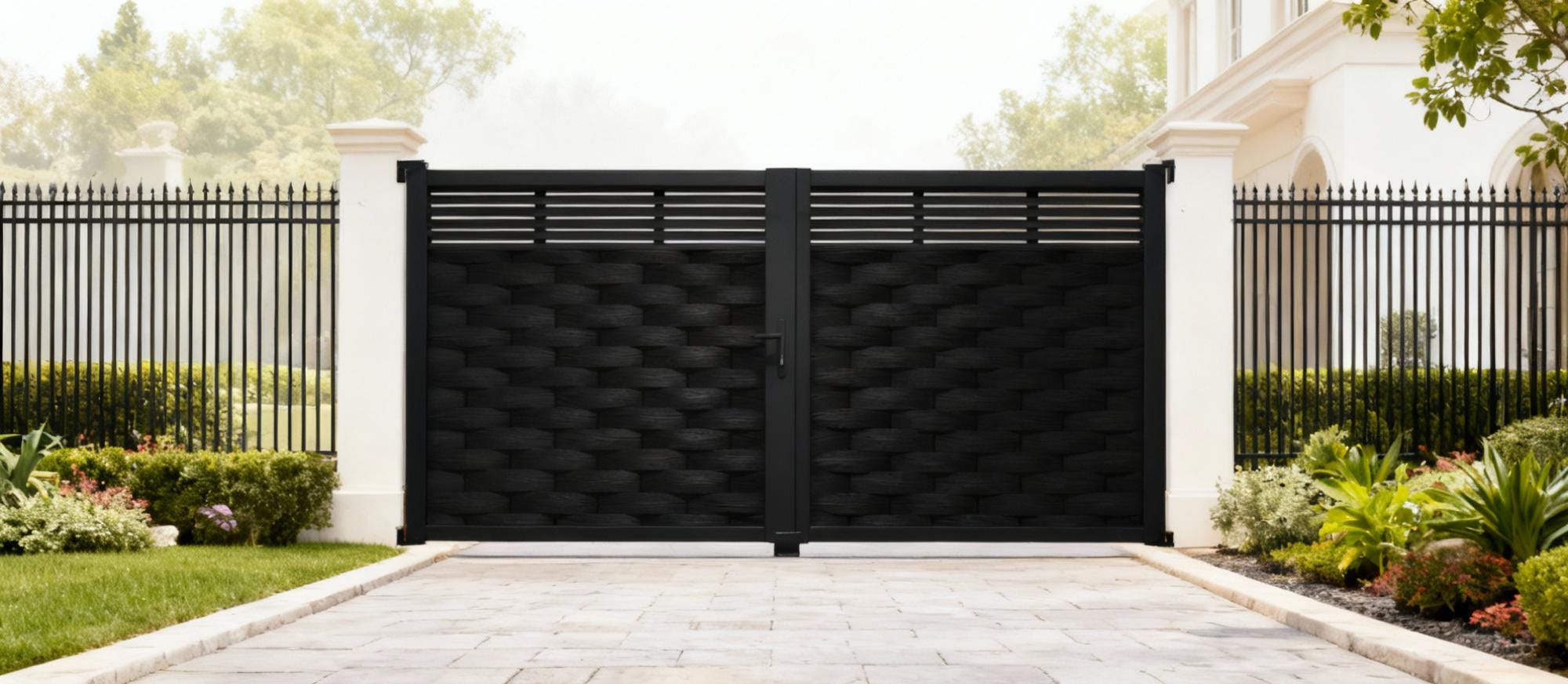 Heavy Duty Overlap Pattern Driveway Gate | Dual Swing Block Metal Entry ...