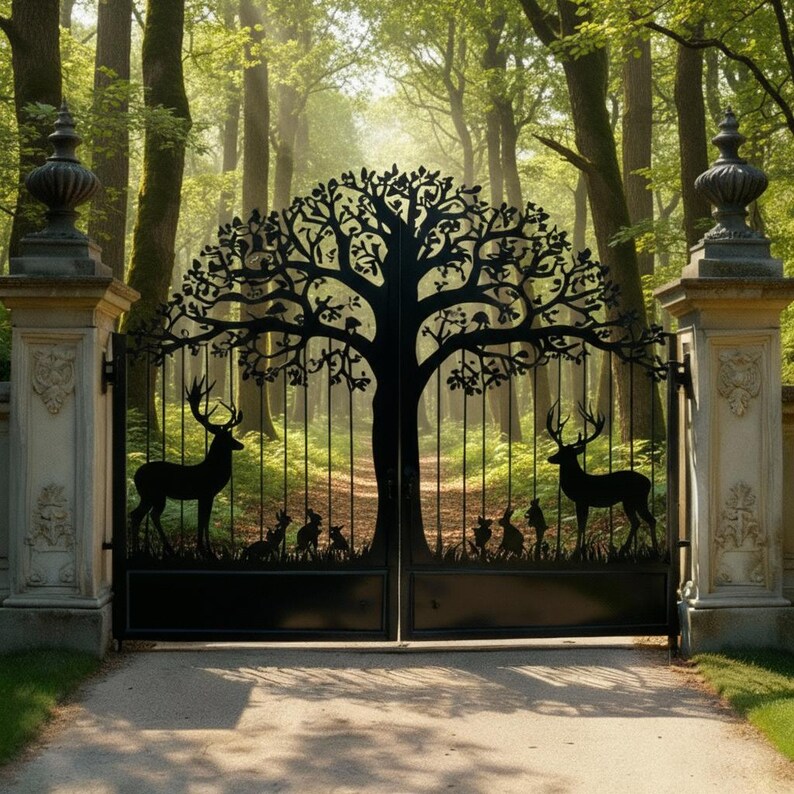 Laser Cut Forest Design Entrance Gate | Custom Fabricated Metal Gate ...