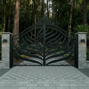 Verdant Crest – Leaf Motif Wrought Iron Gate With Stone Pillars Model ...