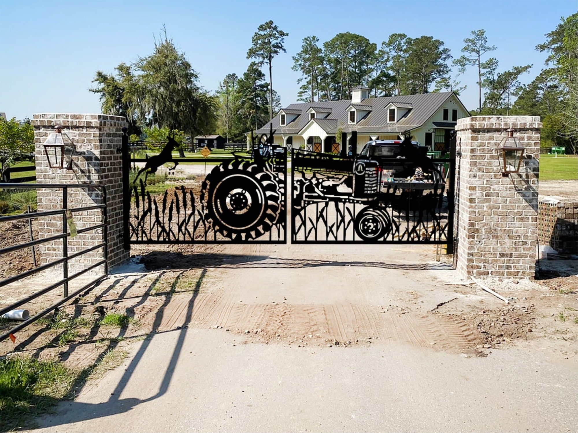 Unique Tractor and Deer Design Driveway Gate Heavy Duty Metal Entry ...
