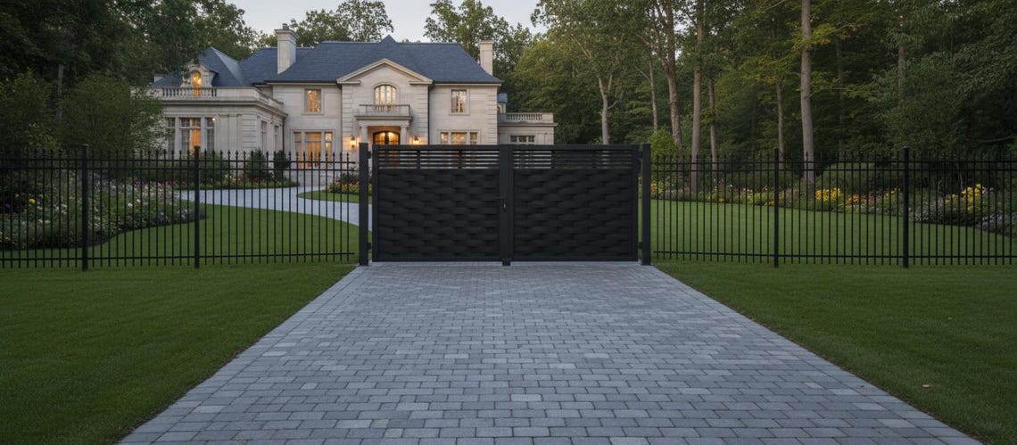 Heavy Duty Overlap Pattern Driveway Gate | Dual Swing Block Metal Entry ...